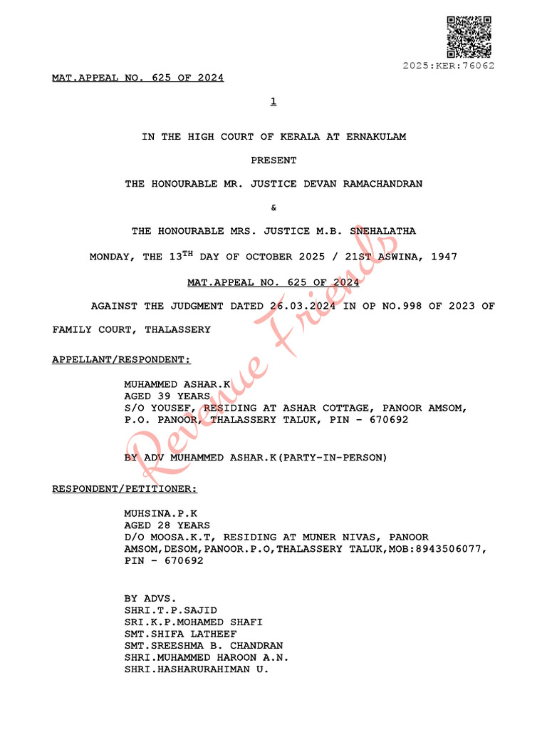 Kerala High Court Matrimonial Appeal 2025 | PDF | Appeal | Legal Procedure