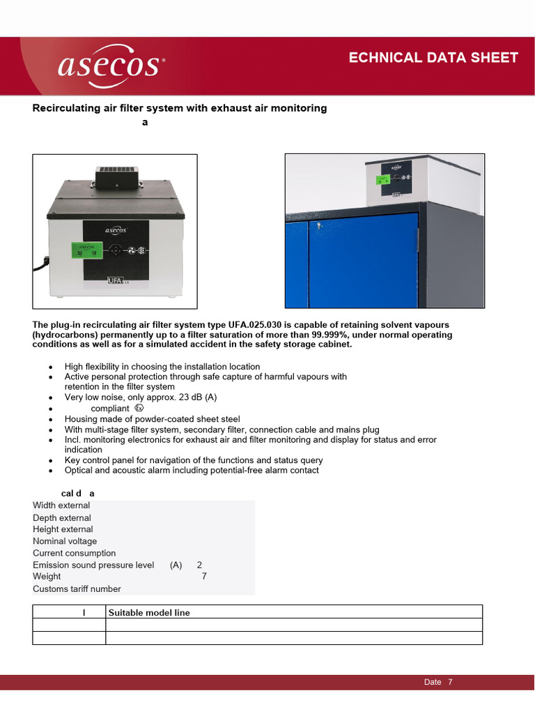 Data Sheet Recirculating Air Filter System Model UFA.025.030 | PDF