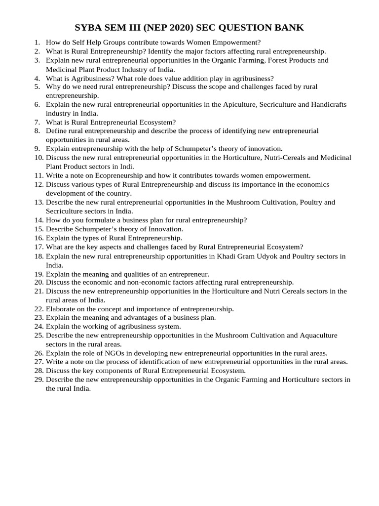 Syba Sem III Sec Question Bank | PDF | Entrepreneurship