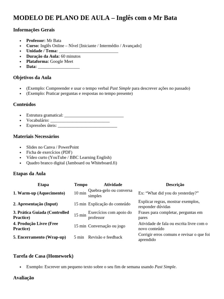 Plano de Aula de Inglês Online | PDF | Lição