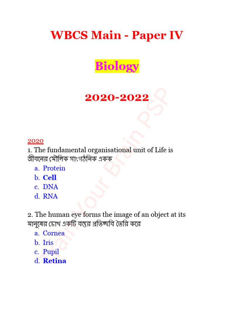 Biology PYQs of WBCS Main 2014-2022 | PDF