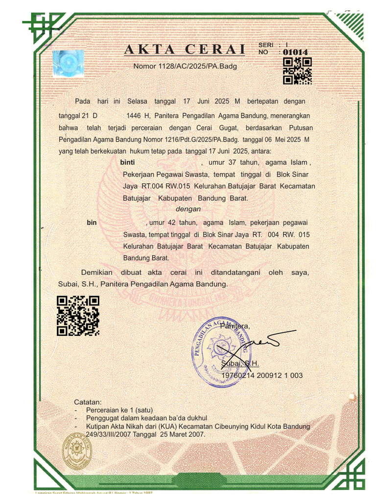 Akta Cerai Huzairin dan Tyas Dewi | PDF