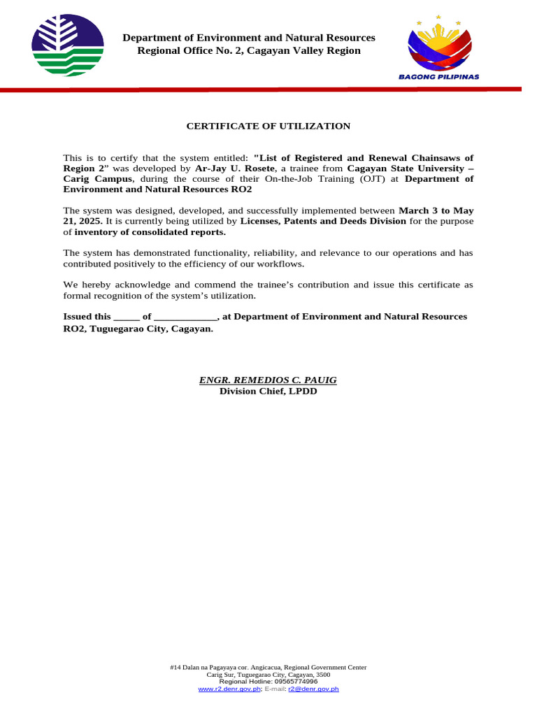 Certificate of Chainsaw System Utilization | PDF