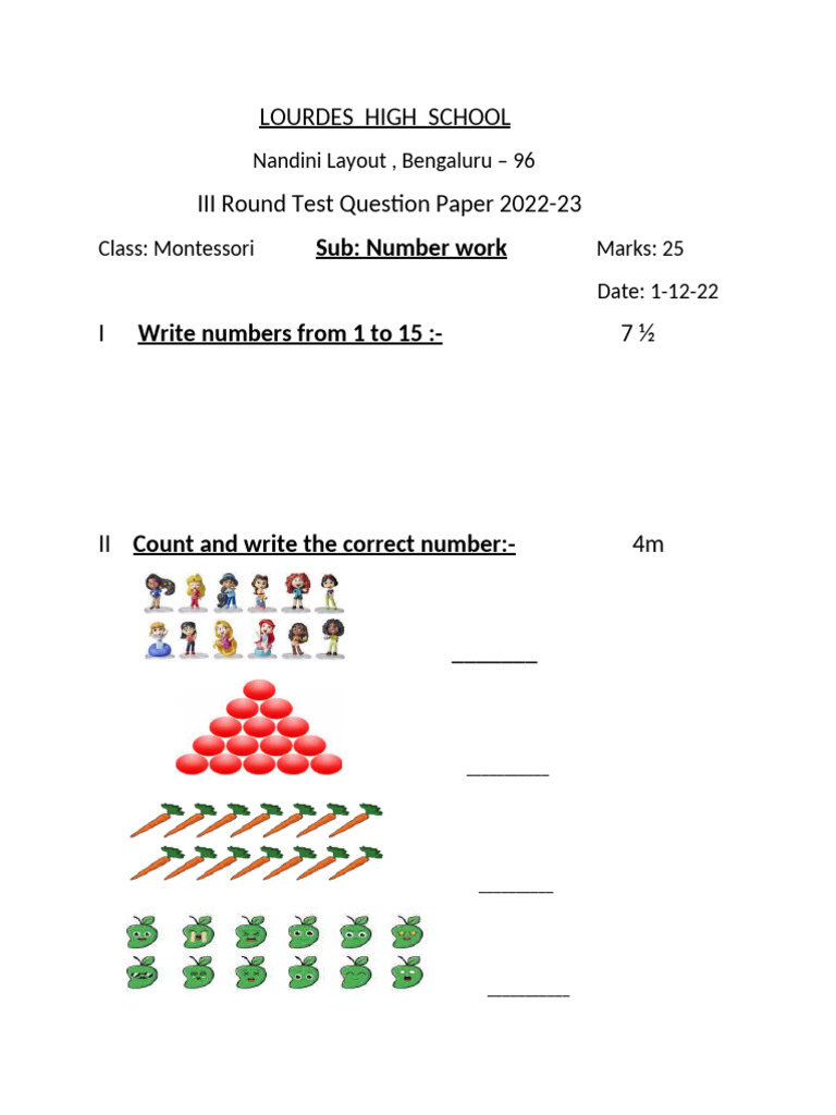 Montessori Maths Test Paper 2022-23 | PDF