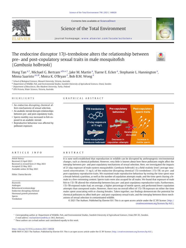 The Endocrine Disruptor 17 Trenbolone Alters the Relation 2021 Science ...