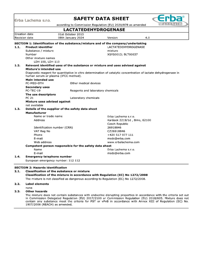 Erba LDH MSDS | PDF