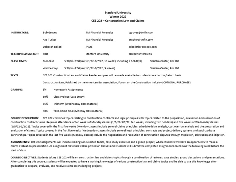 CEE 202 Syllabus Winter 2022 112421 | PDF | Dispute Resolution