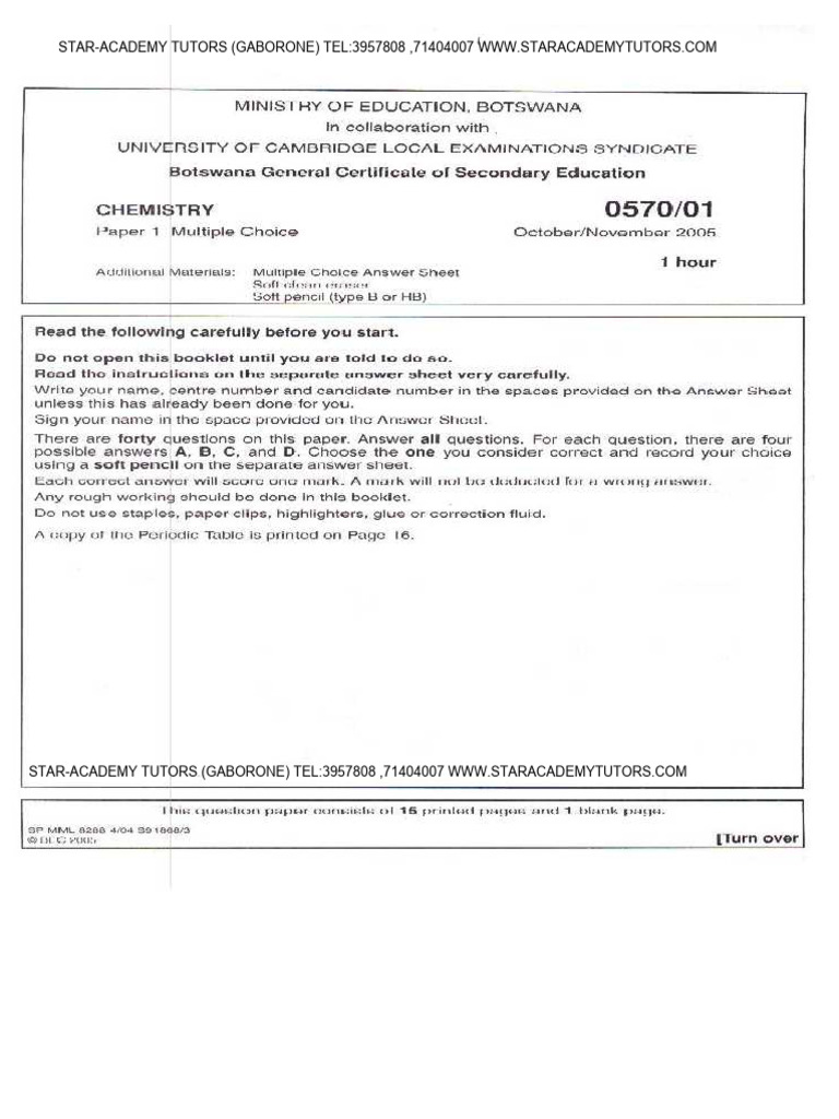 Chemistry Multiple Choice Paper 1 2005 November (Bgcse) | PDF