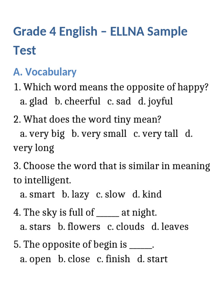 Grade4 ELLNA English Sample Test | PDF