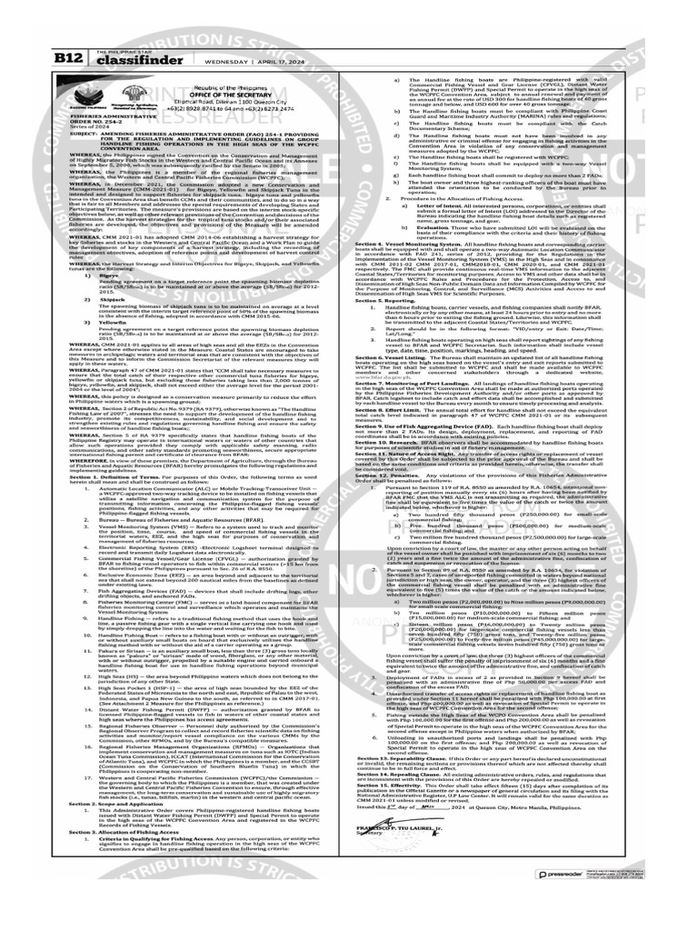 Bfar Fisheries Administrative Order No. 254-2 (2024) (PS, Mt-4.17.24) | PDF