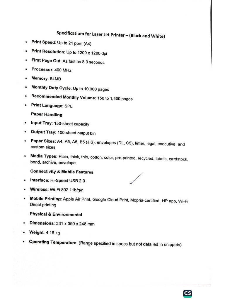 Laser Jet Printer Specification Pdf