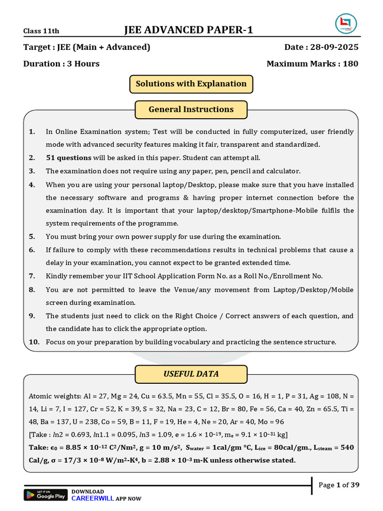 JEE Advanced Test - 05 (Paper -01) _ Answer Key & Solution Explanation ...