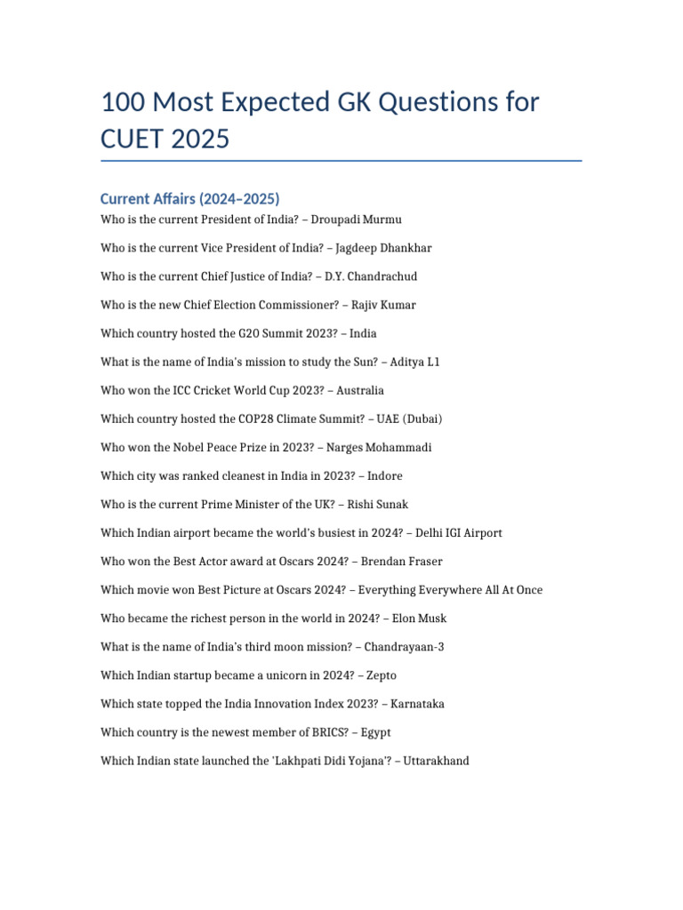 Top 100 GK Questions for CUET 2025 | PDF