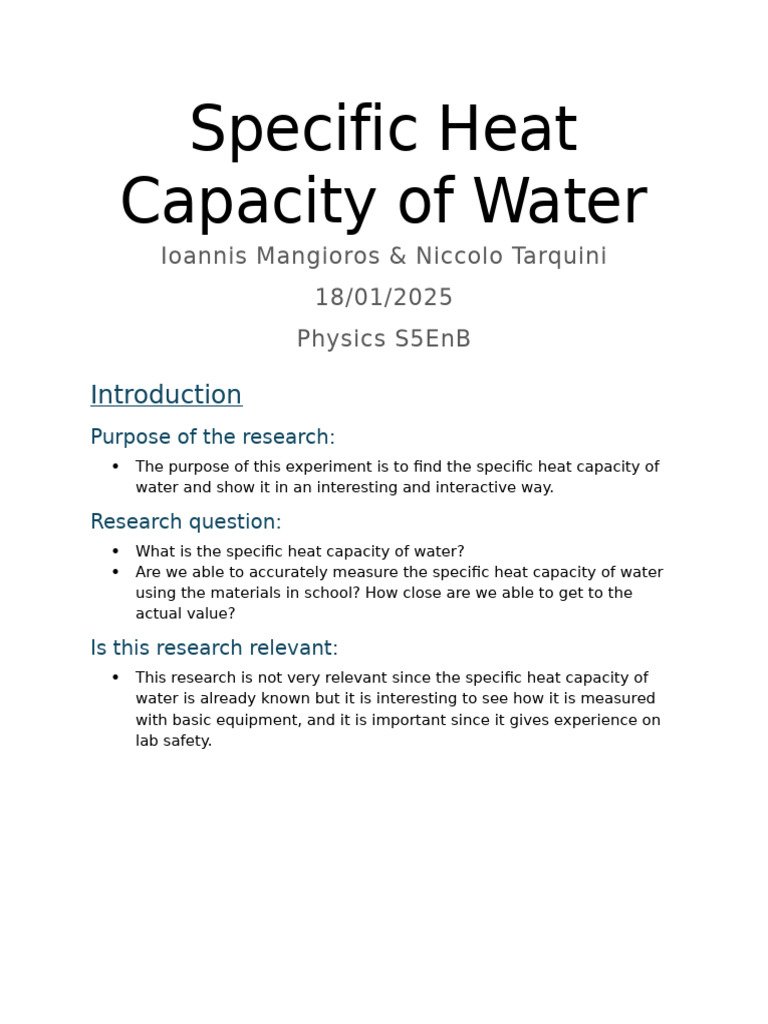 Specific Heat Capacity of Water | PDF | Heat Capacity | Heat