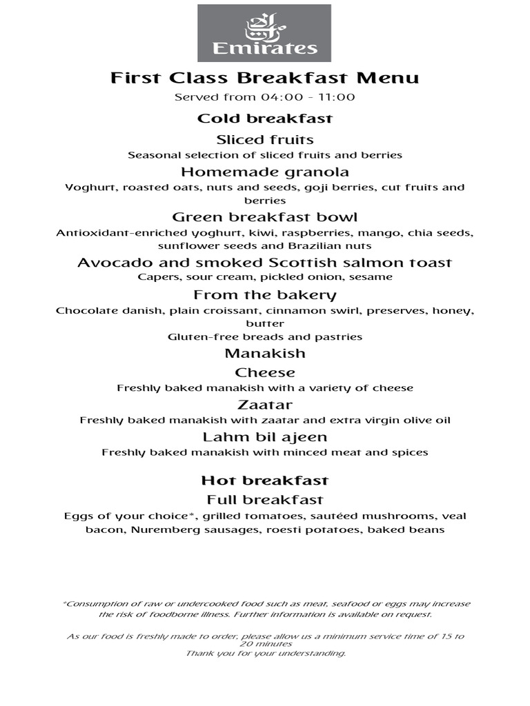 First Class Breakfast and Dining Menu | PDF | Coffee | Sushi