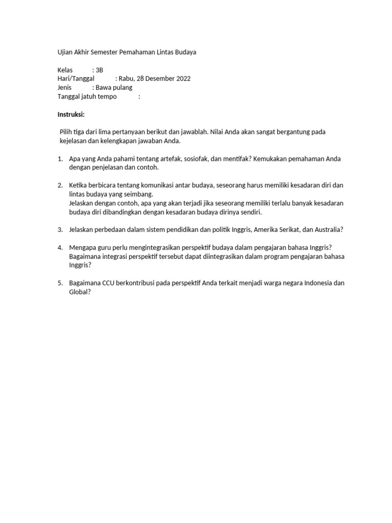 Cross Cultural Understanding Final Semester Test (1) | PDF