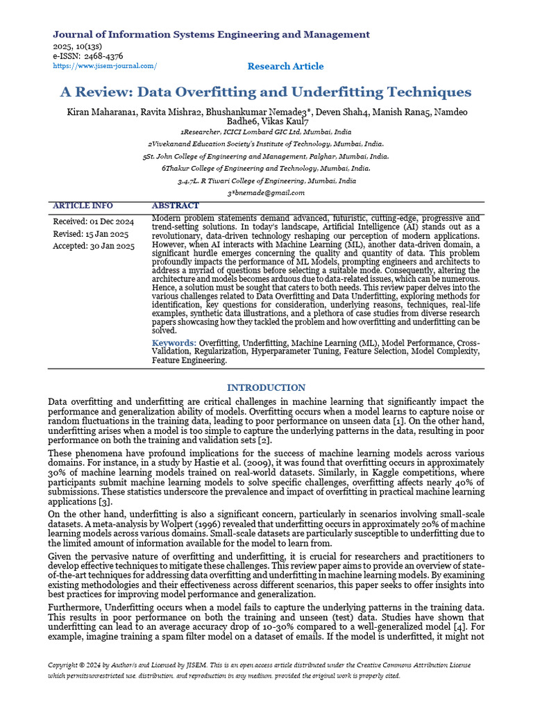 A Review: Data Overfitting and Underfitting Techniques: Journal of Information Systems ...