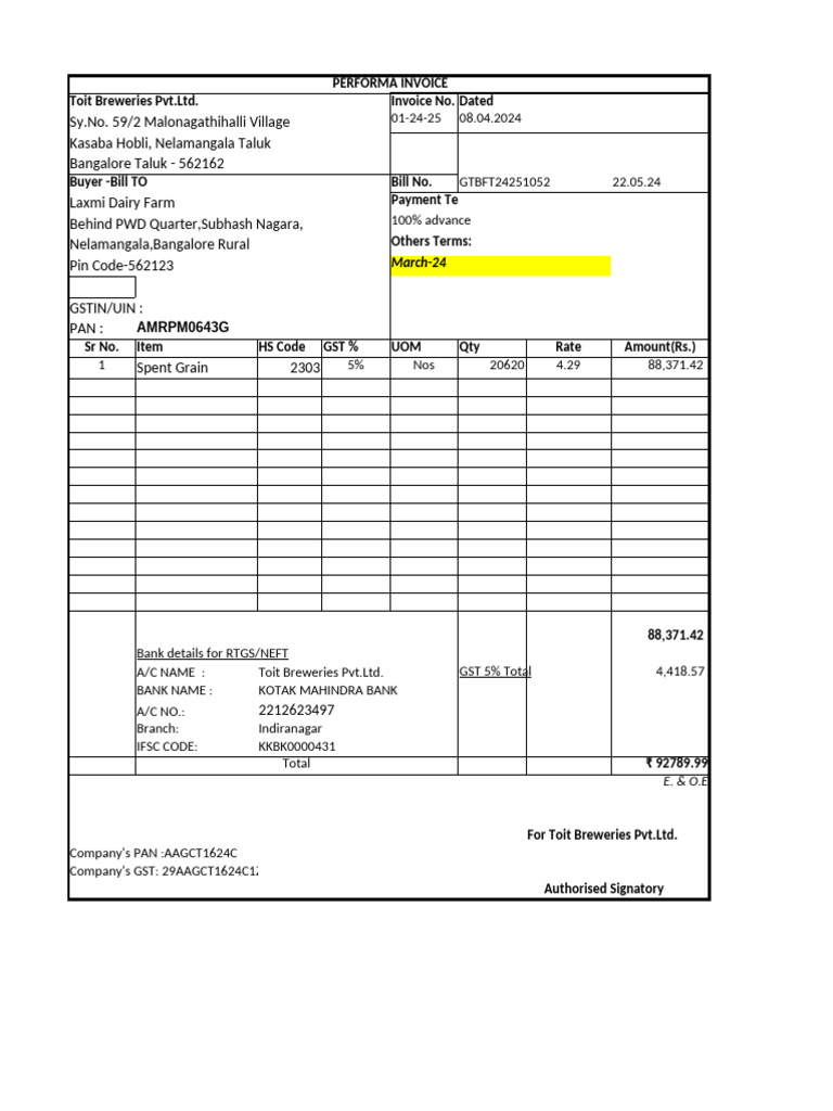 Proforma Invoice 2024-25 (2) (1) | PDF | Invoice | Brewing