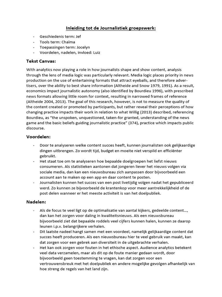 Inleiding Tot de Journalistiek Groepswerk | PDF