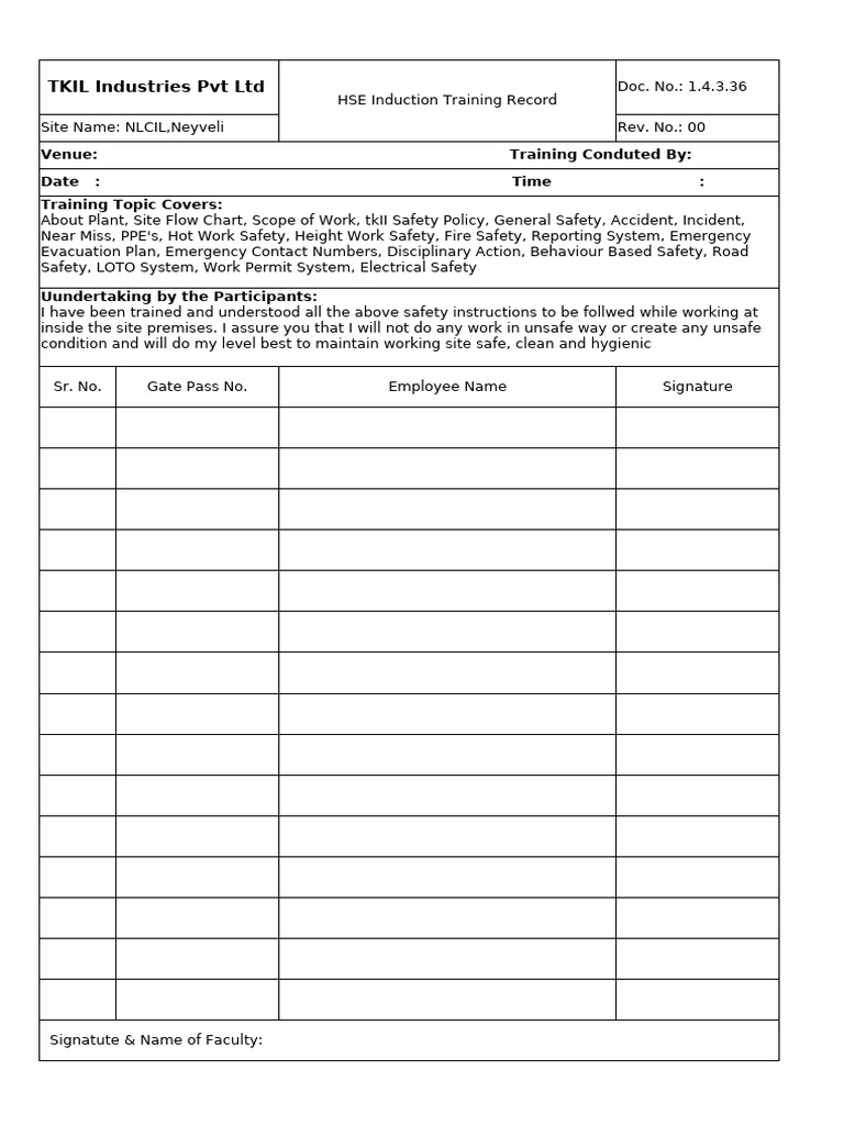 1.4.3.36 Form For HSE Training Record | PDF