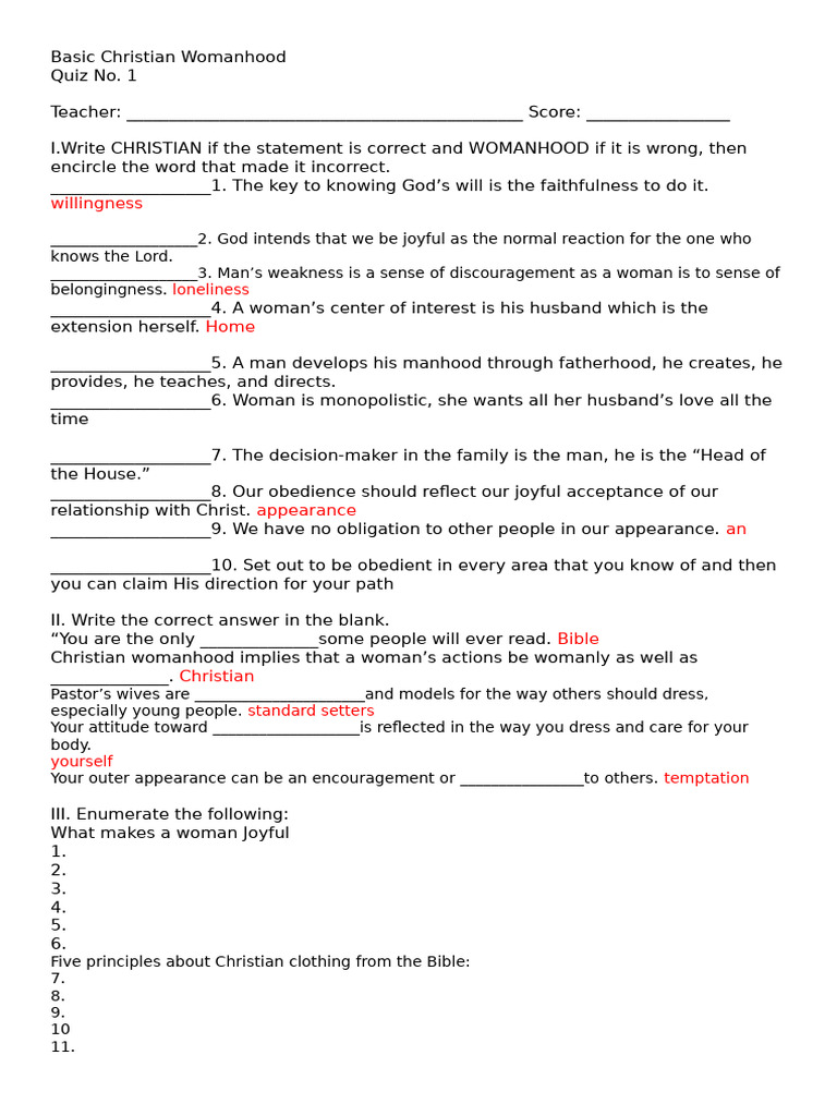 Basic Christian Womanhood Quiz 1 | PDF | Theology
