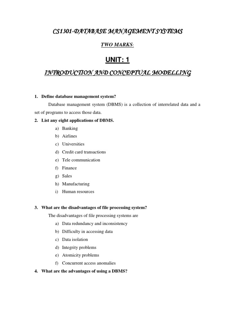 Unit: 1: Two Marks | PDF | Database Index | Relational Model