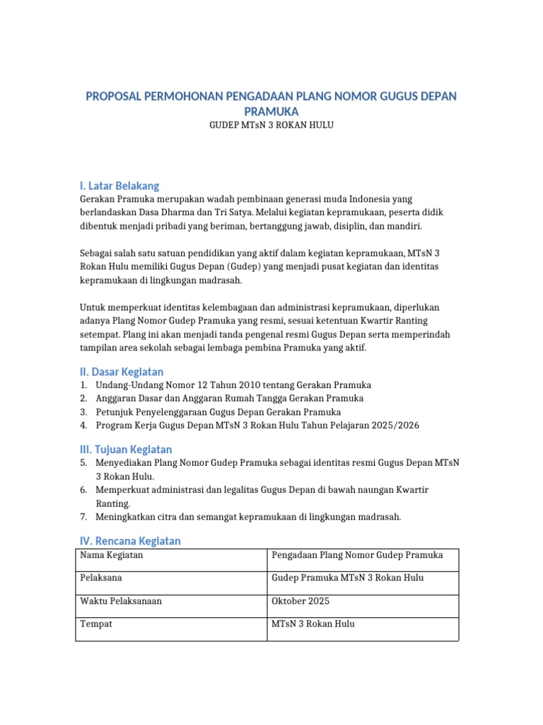 Proposal Plang Gudep MTsN3RokanHulu | PDF