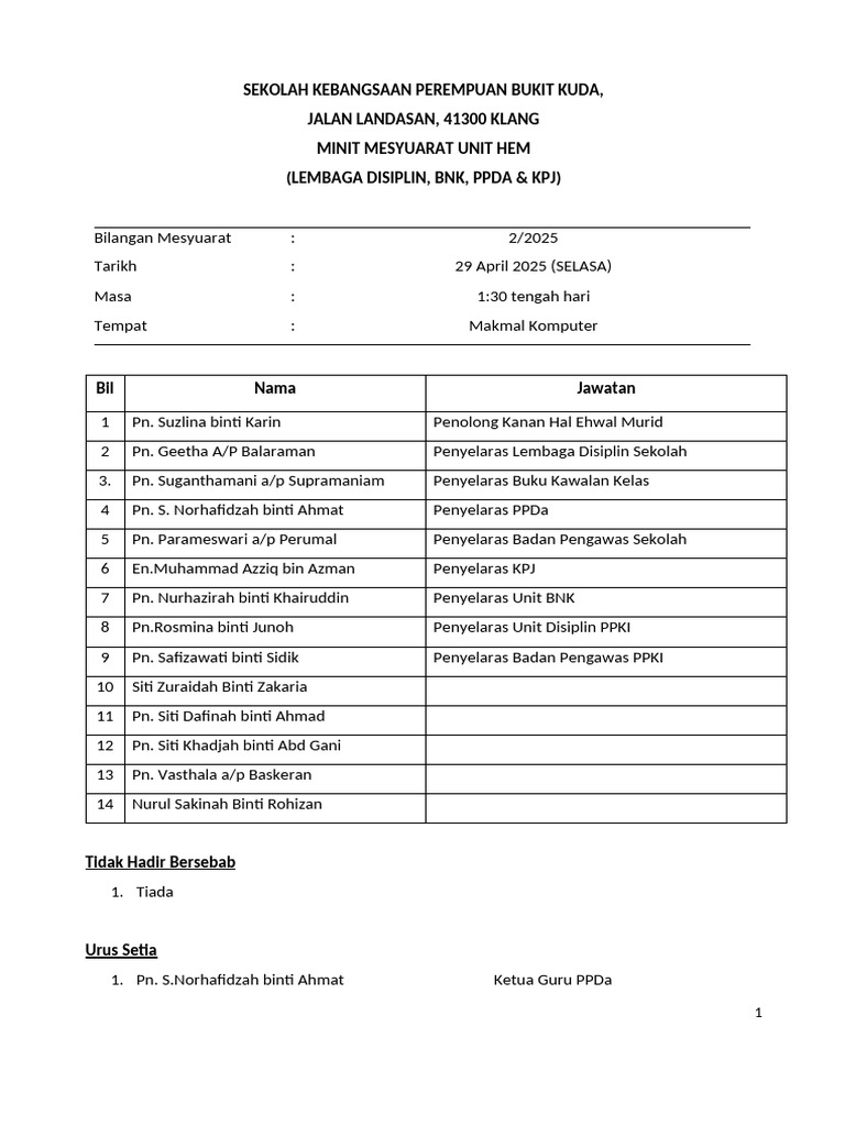 Minit Mesyuarat Hem (Unit) Bil 2 2025 | PDF