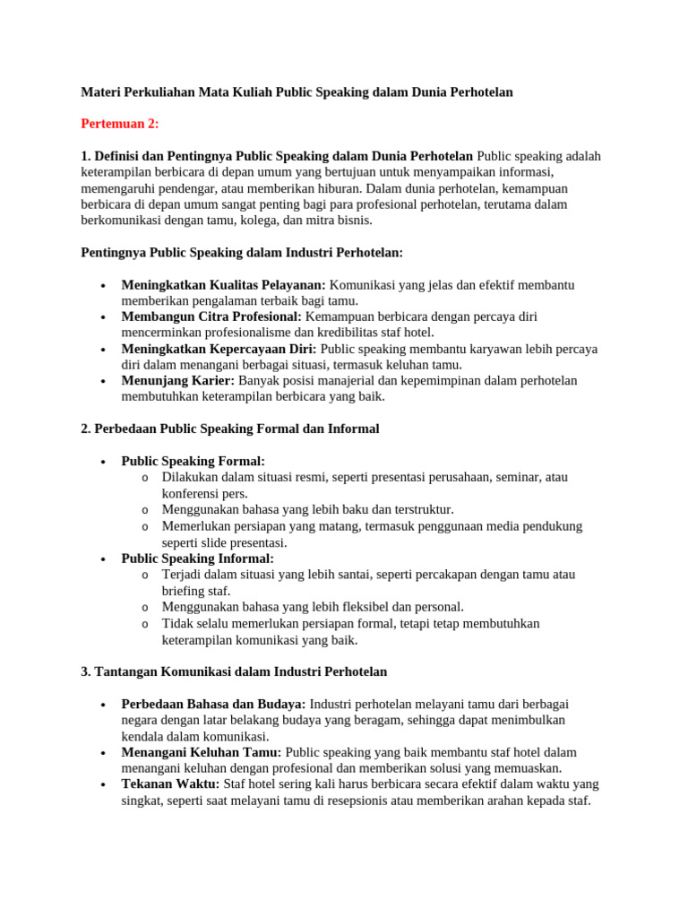 Materi Perkuliahan Public Speaking Dalam Dunia Perhotelan | PDF