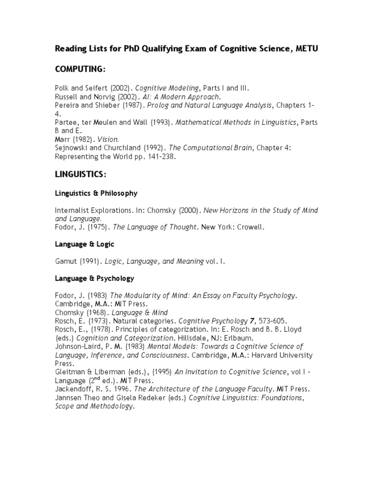 PhD Qualifying Exam Reading List: Cognitive Science | PDF | Mind ...