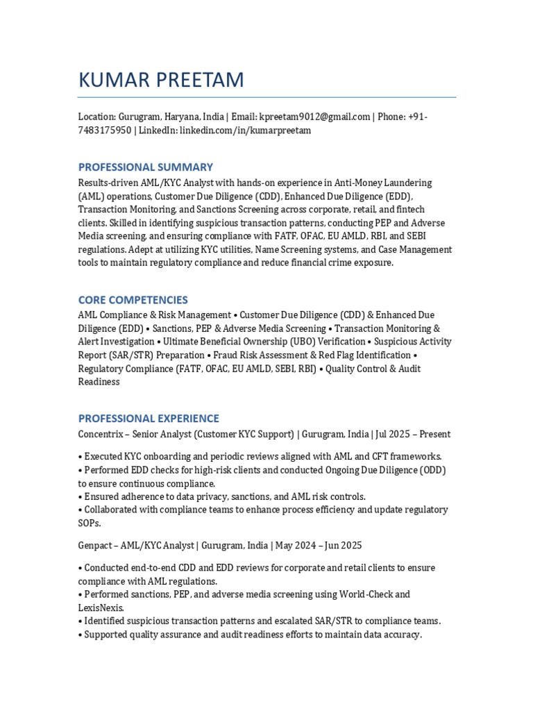 Kumar Preetam AML KYC Analyst Resume | PDF | Regulatory Compliance ...