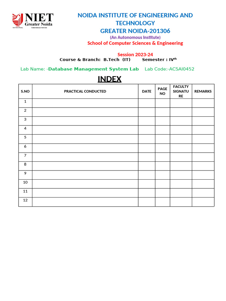 DBMS Lab Index | PDF
