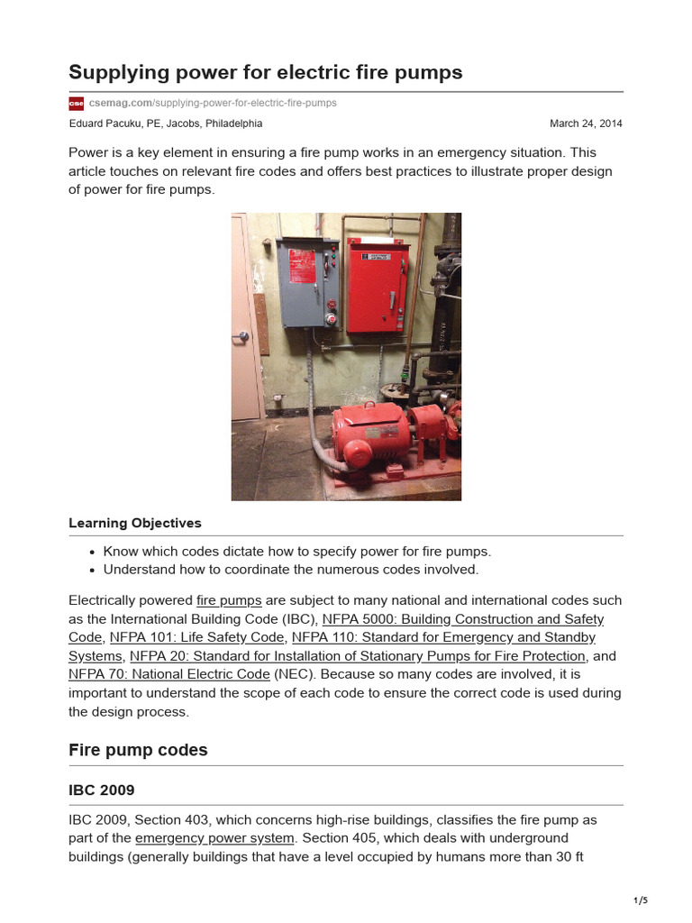 Supplying Power For Electric Fire Pumps | PDF | Pump | Electrical ...