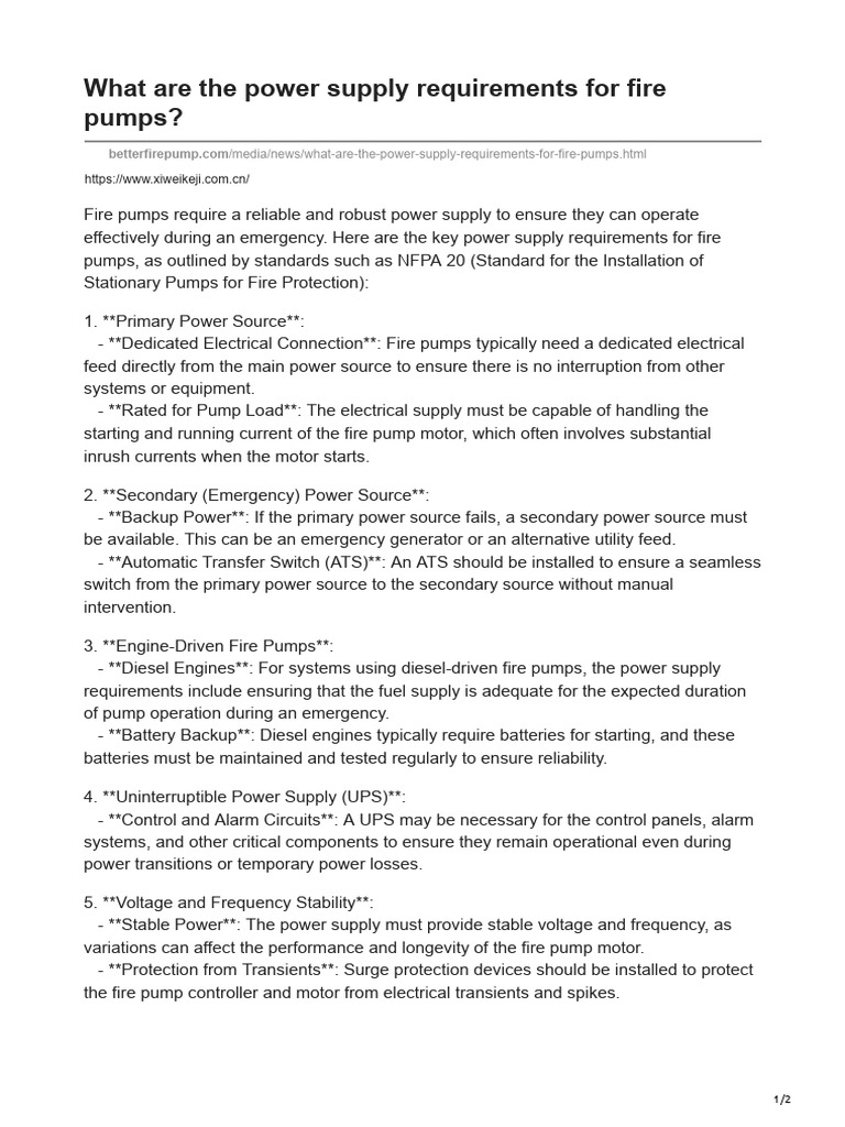 Fire Pump Power Supply Requirements | PDF | Power Supply | Electrical ...