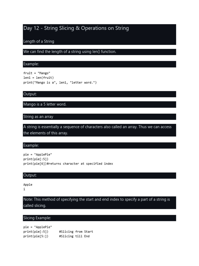 Day 12 - String Slicing & Operations On String | PDF