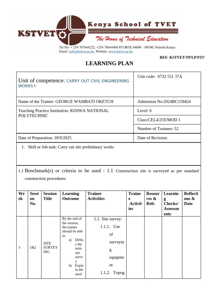 Civil Engineering Works Learning Plan | PDF | Educational Assessment
