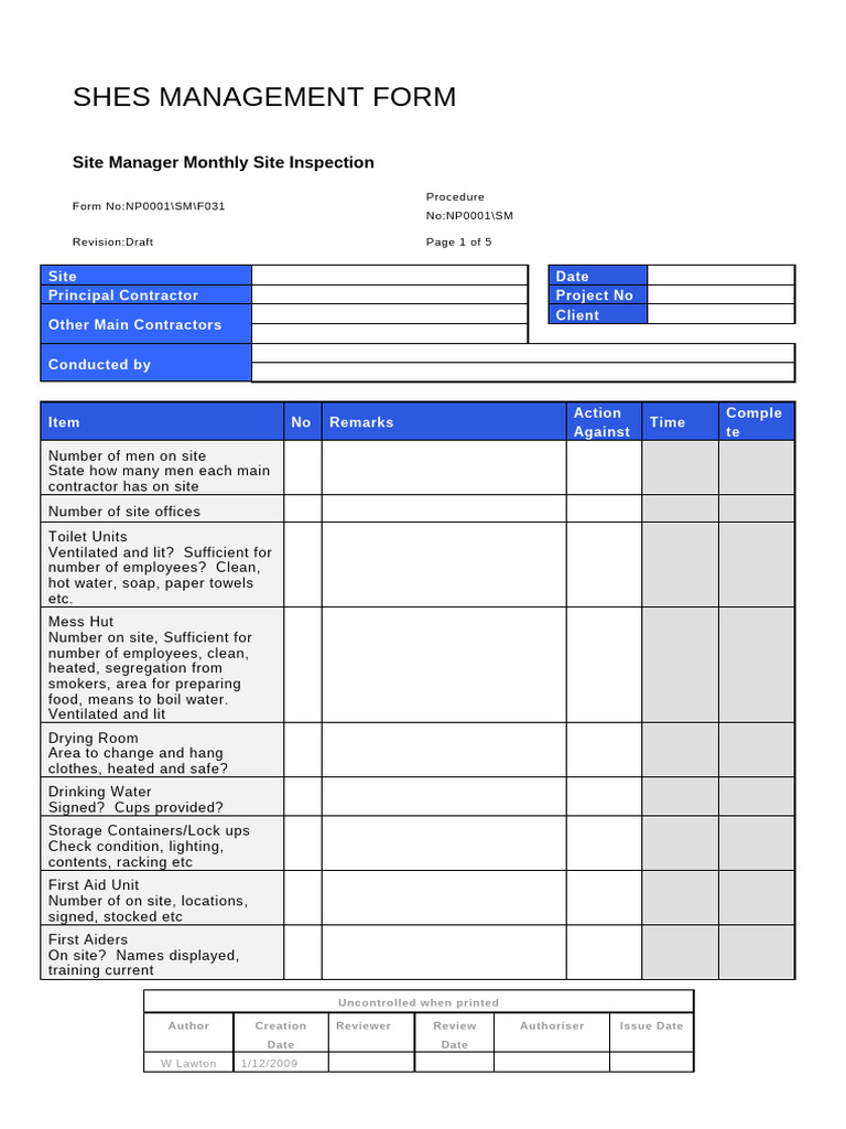 Monthly Site Inspection Checklist | PDF | Safety