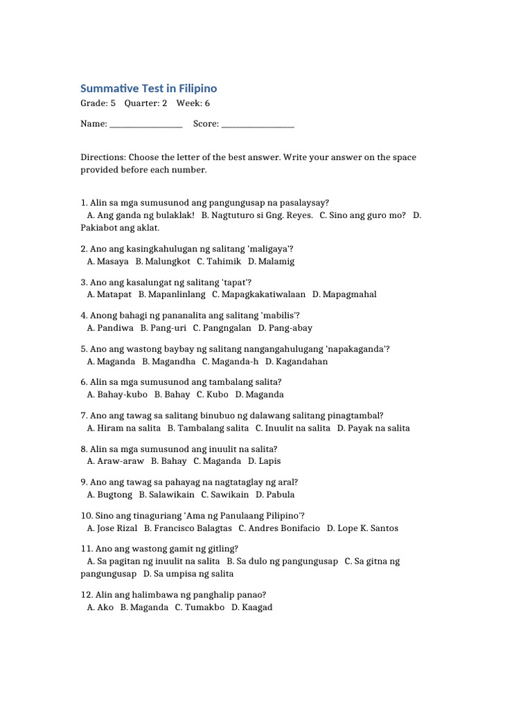 Summative Test Filipino 5 | PDF