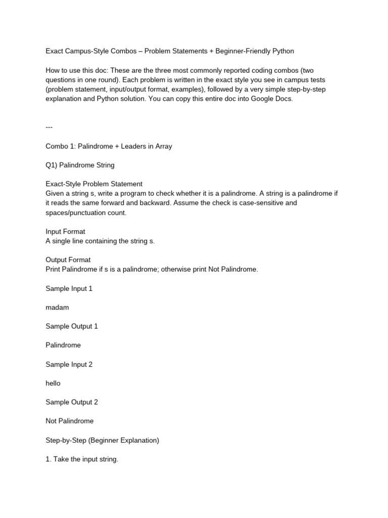 Exact Campus-Style Combos - Problem Statements - Beginner-Friendly Python | PDF | String ...