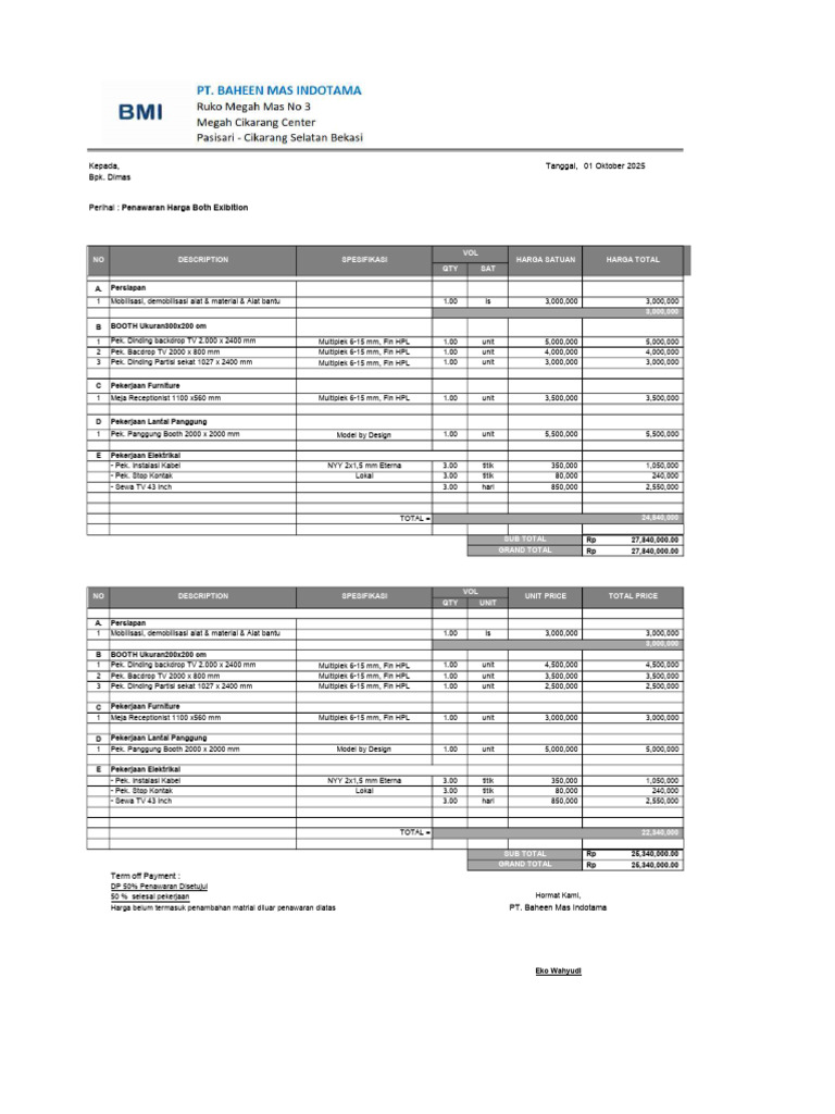 Penawaran Harga Booth PT BMI | PDF