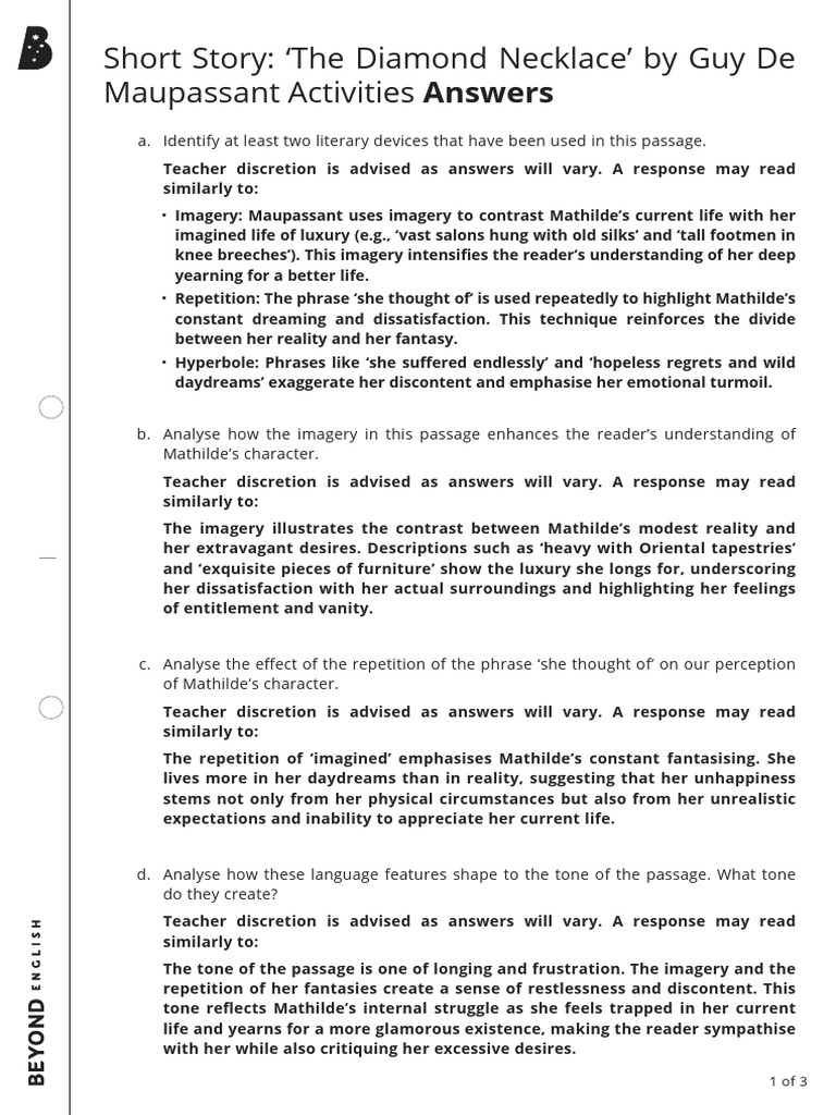 Short Story - The Diamond Necklace by Guy de Maupassant - Answers | PDF