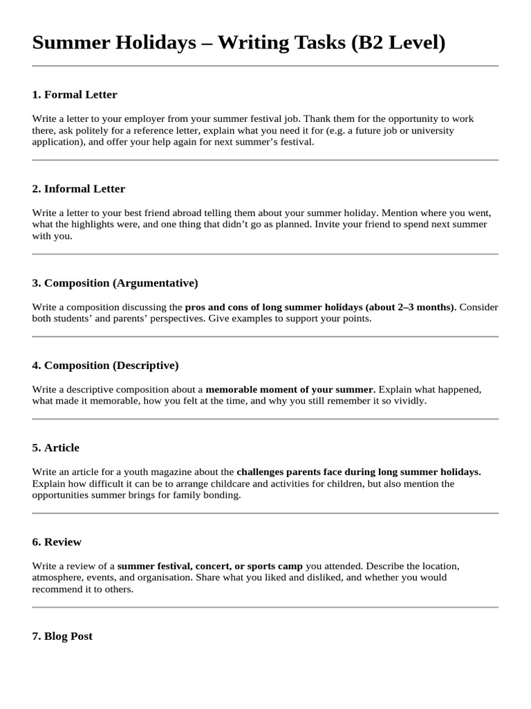 10 Writing Tasks - Summer Holidays LC B2 | PDF