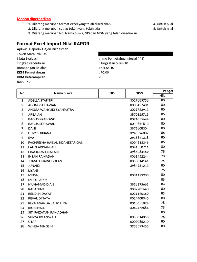 Format Excel Import Nilai Rapor Kelas 10 | PDF