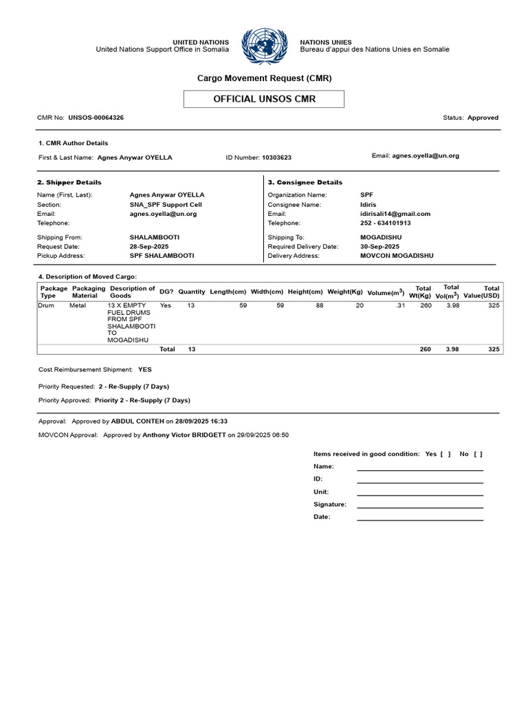 Approved CMR For Return of Empty Drums From SPF Shalambooti - Oct 25 ...