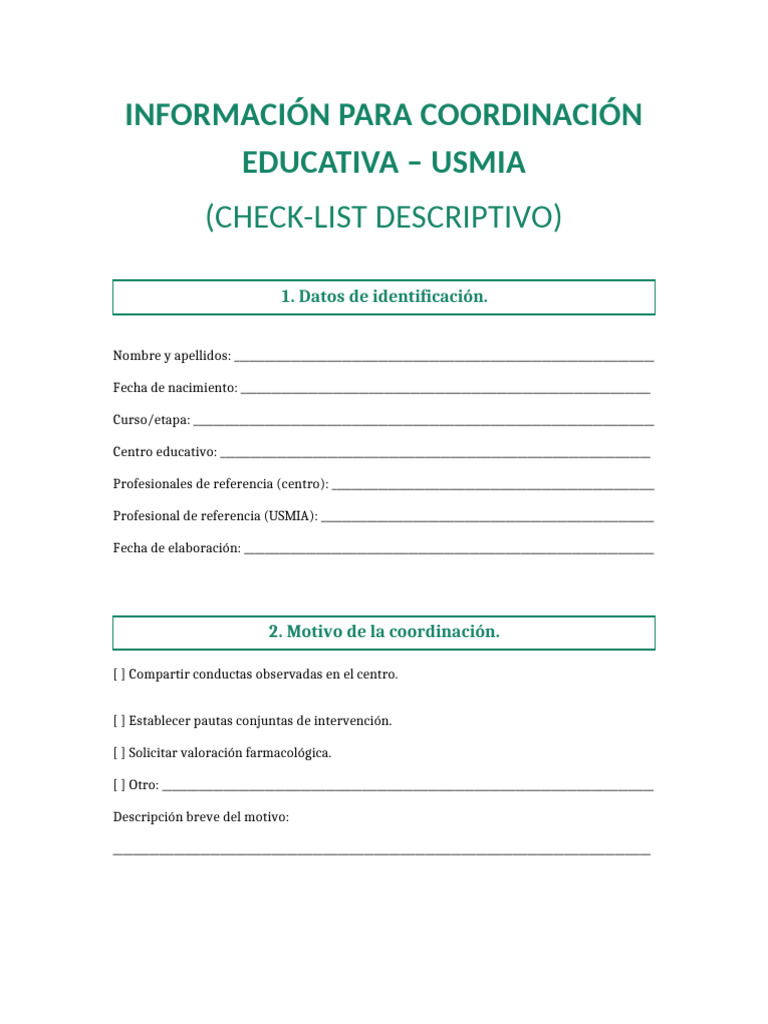 Coordinación Educativa USMIA: Check-list | PDF | Comportamiento ...