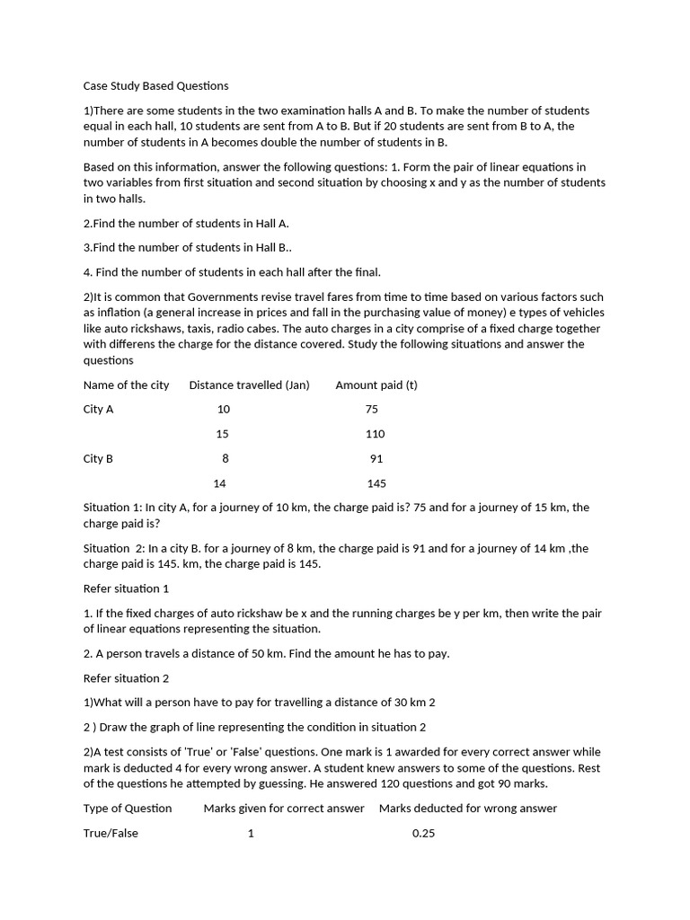 Linear Equations Case Study Questions | PDF