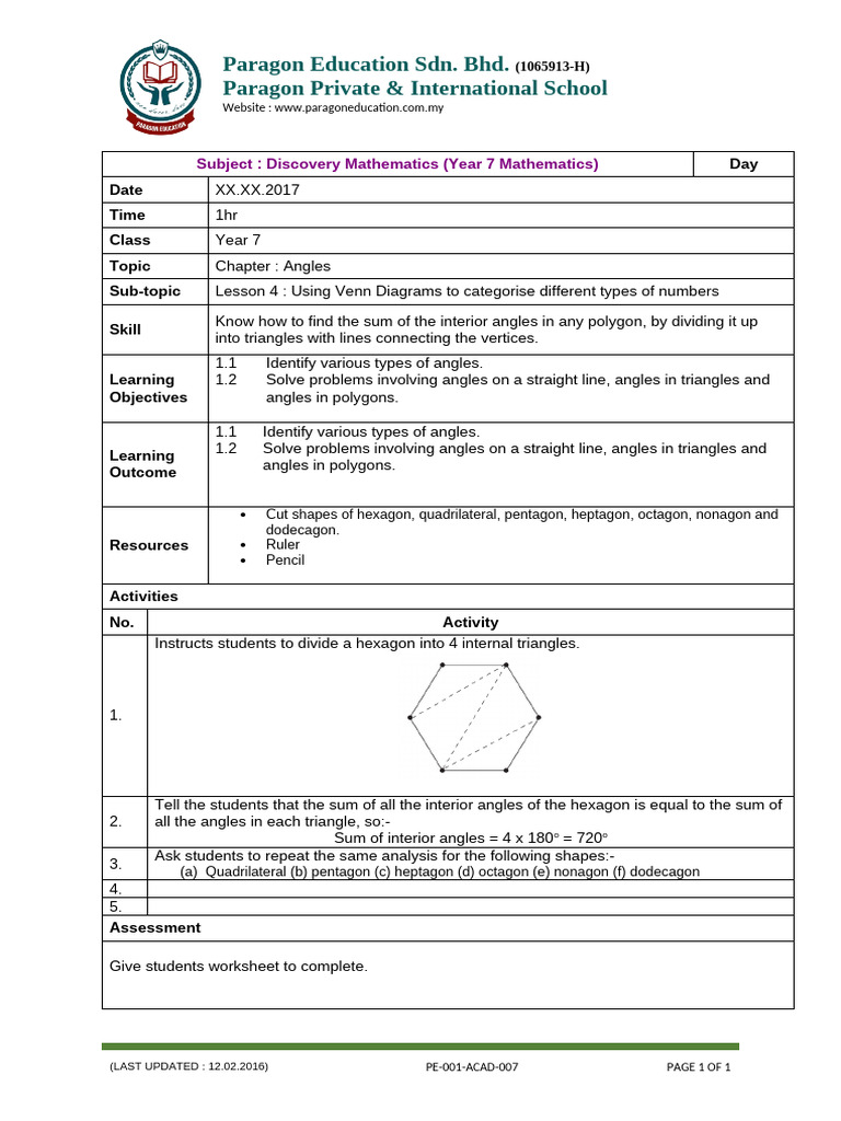 Lesson Plan For Discovery Mathematics (Year 7) Angles | PDF
