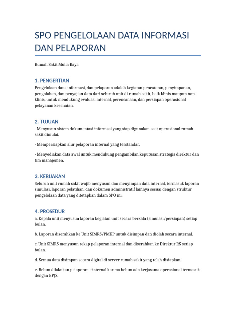 SPO Pengelolaan Data Informasi Dan Pelaporan RSMR | PDF