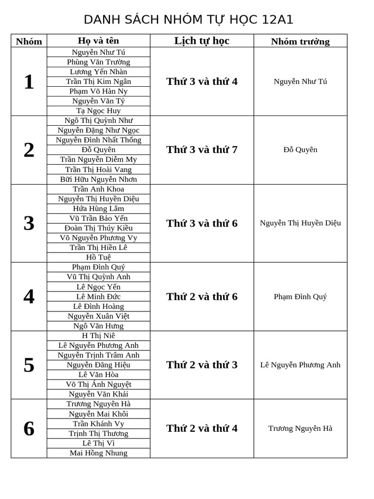LỊCH TỰ HỌC 12A1 | PDF