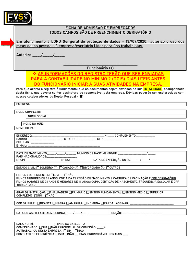 FICHA DE ADMISSÃO DP - FVS CONTABILIDADE | PDF